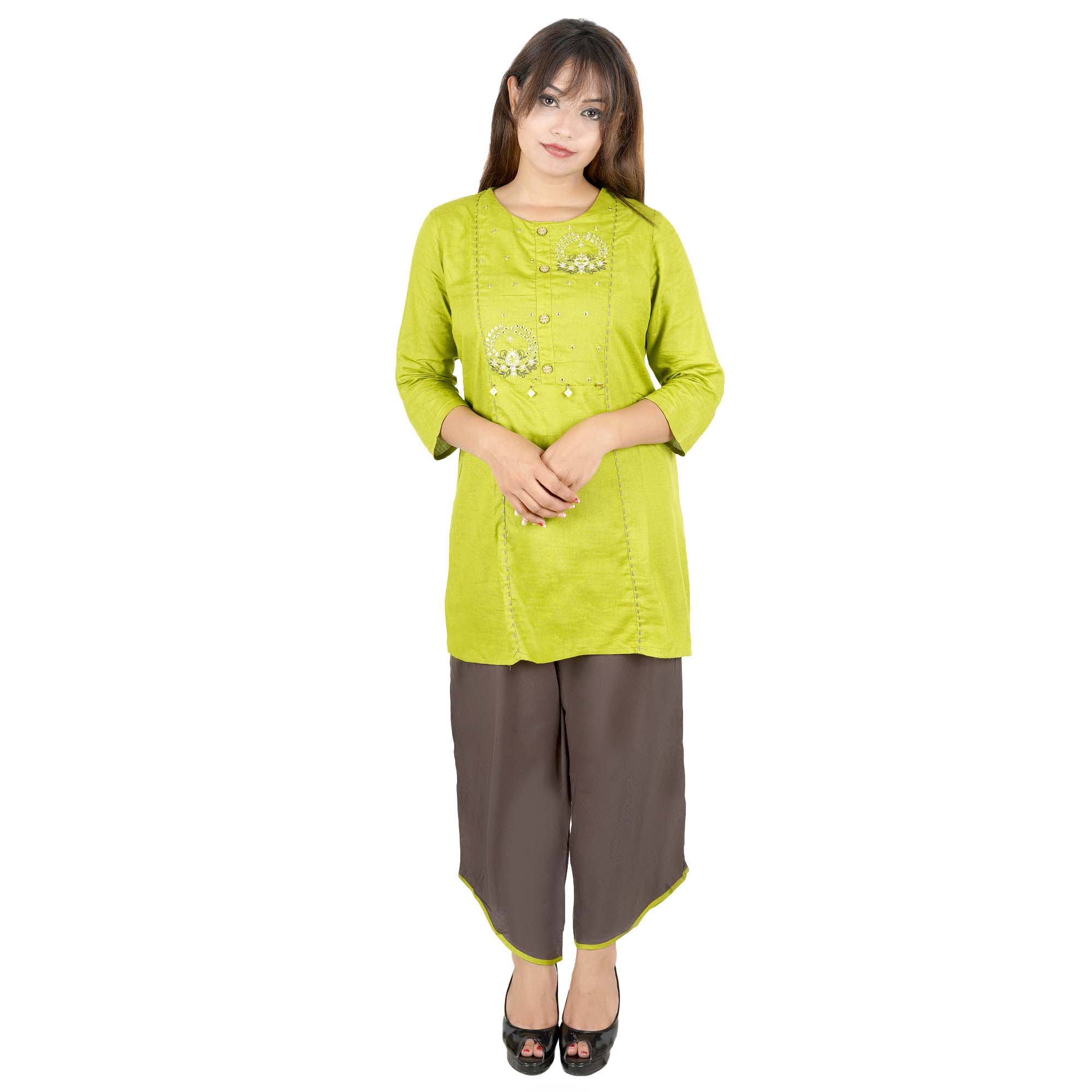 AP001-0042 - Women Dusty Moss Thread Work Short Kurta with Brown Pent