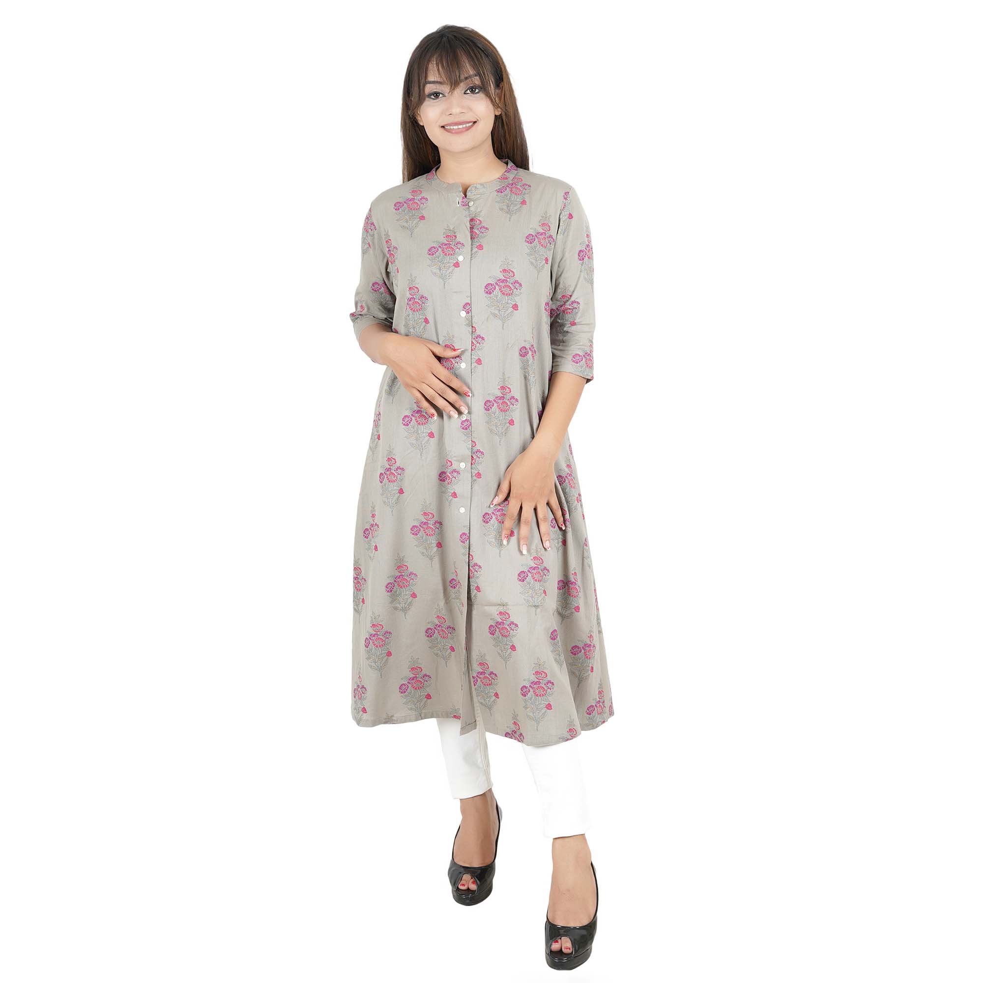 AP001-0017 - Women Light Grey Flower Print Pocket Frock Kurta