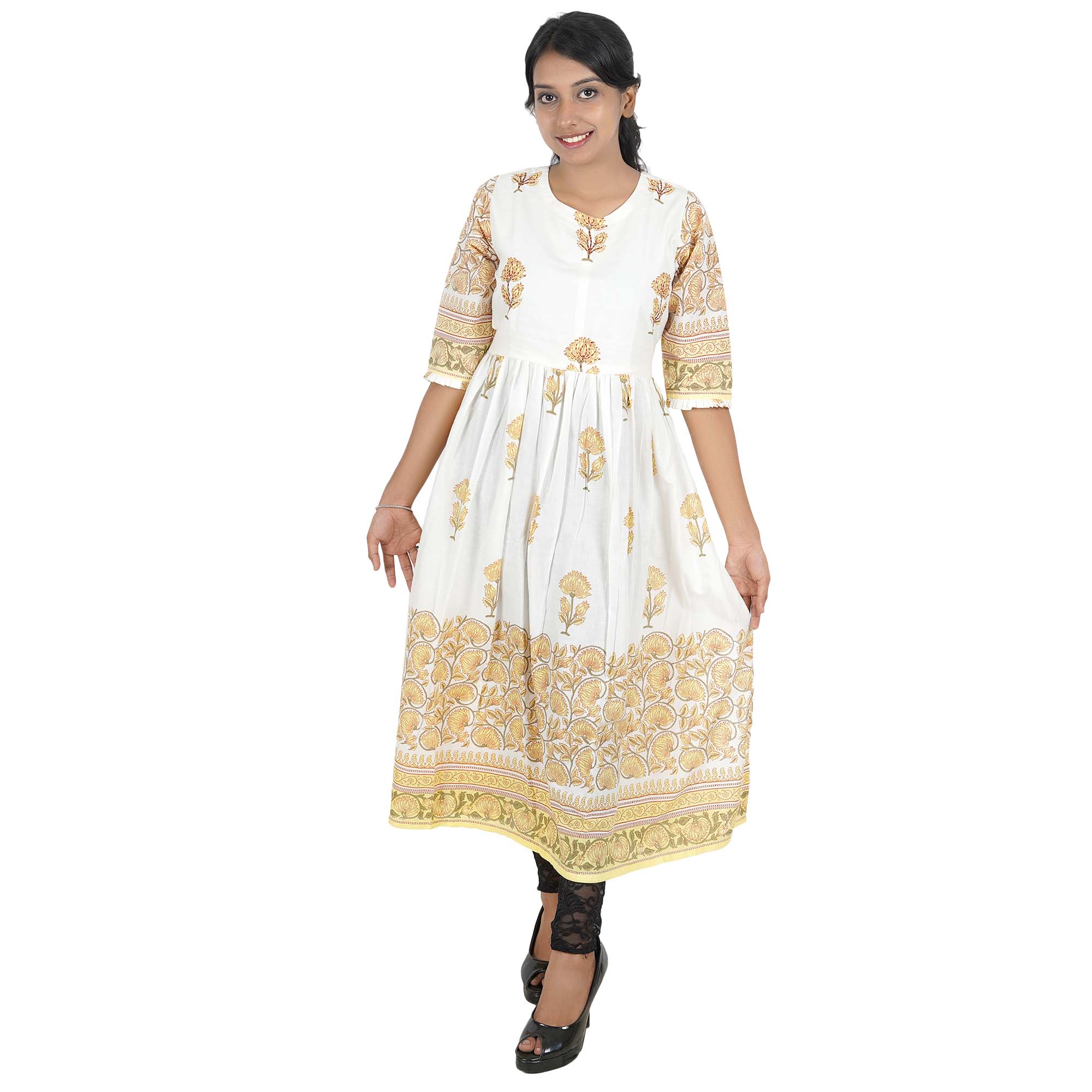 AP001-0039 - Women White Golden Digital Print Frock Kurta